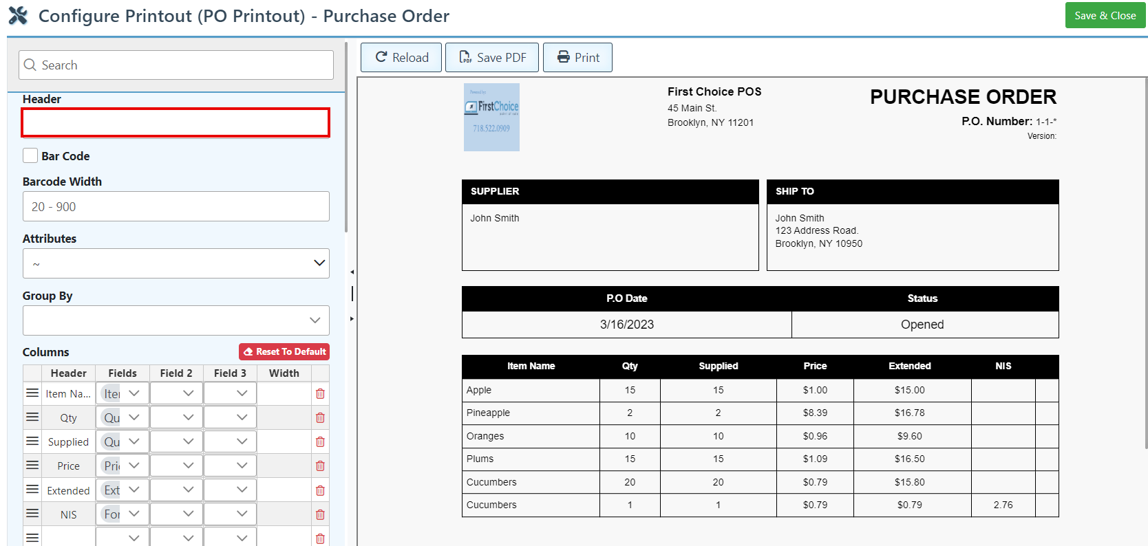 Invoice/ Purchase Order Printout Layout